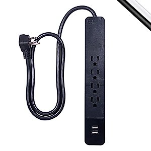GE, Black, Power Strip Surge Protector, Charger, 4 Outlets, 2 USB Ports, Fast Charge, Flat Plug, Long Cord, 3ft, 37053, 3 Ft