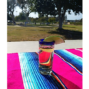 Hand Blown Mexican Tequila Shot Glasses – Set of 6 Cobalt Blue Rim Tequila Shot Glasses (2 oz each)