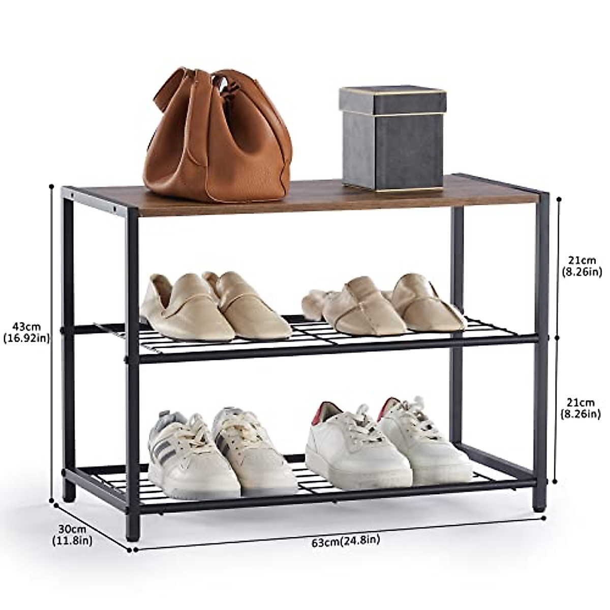 YOUDENOVA Metal Shoe Rack, 3-Tier Shoe Shelf with MDF Wood Top Board, Shoe Tower for Entryway, Shoe Storage Organizer for Hallway, Closet, Bedroom, Living Room - Rustic Brown