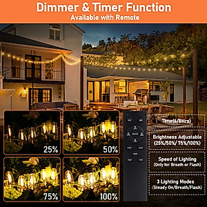 100FT Outdoor Solar String Lights with Remote, USB Rechargeable LED Patio Lights with 52 Timer Dimmable ST38 Edison Bulbs, Enhanced 5W Solar Panel Outside Hanging Lights for Porch Garden Deck Backyard