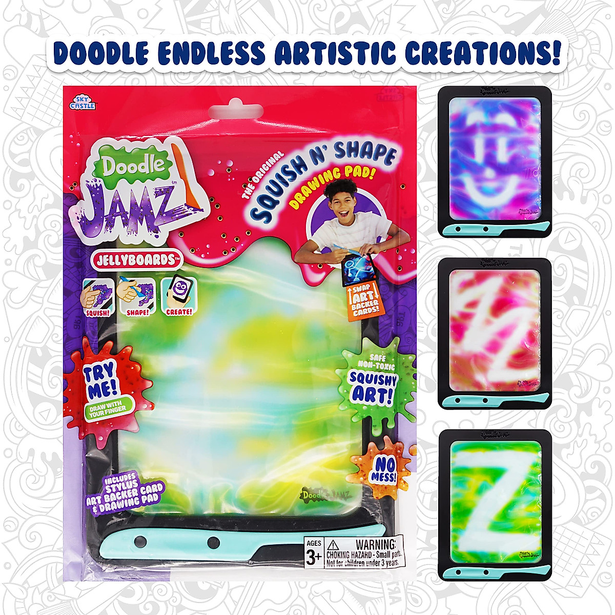 Sky Castle DoodleJamz JellyBoards — Squishy Drawing Pads Filled with Non-Toxic Sensory Gel – No-Mess Fidget Art – ASMR – Re-usable for Endless Artistic Creations (Yellow on Blue Gel)
