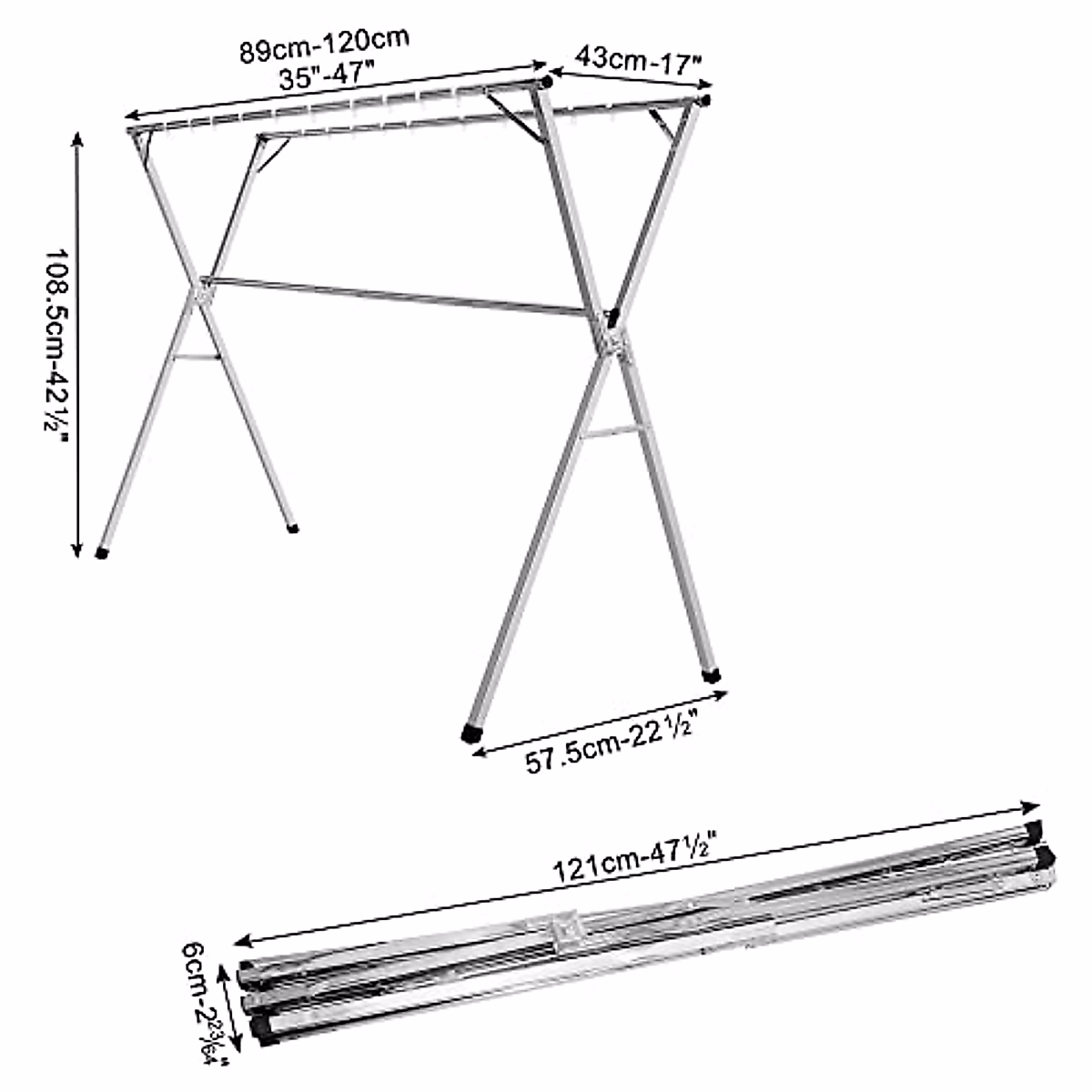 TORIBIO Clothes Drying Rack, 47 Inch Retractable Laundry Drying Rack Folding Indoor Outdoor, Length Adjustable Heavy Duty Stainless Steel Clothing Drying Rack with Windproof Hooks
