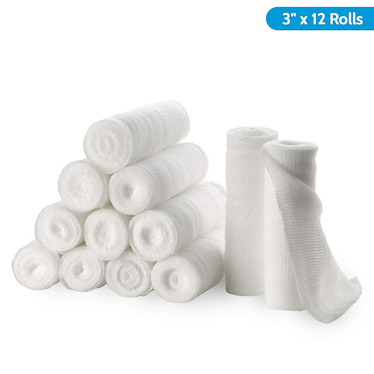 Gauze Bandage Rolls - 4 Yards Per Roll of Medical Grade Gauze Bandage and Stretch Bandage Wrapping for Dressing All Types of Wounds and First Aid Kit by MEDca, (3" Pack of 12)
