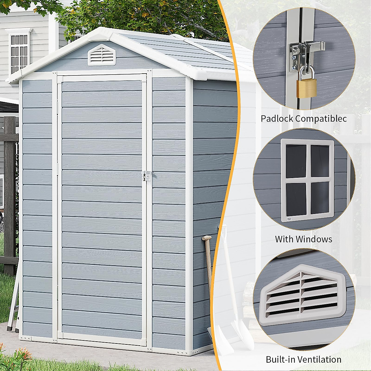 Jolydale 6’x4’ Outdoor Storage Resin Shed, Resin Utility Tool Shed Storage House with Lockable Door, for Backyard, Patio, Garden Bikes and Pool Accessories, Grey