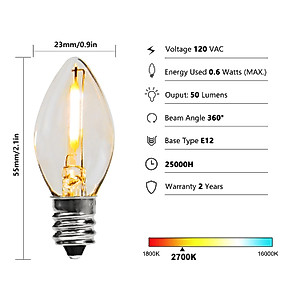 C7 LED Night Light Bulbs, 0.6Watt Equivalent to 7W, E12 Candelabra Small Base, Edison LED Light Bulbs, 2700K Warm White, Clear Plastic, Outdoor String Lights, 12 Pack, Non-Dimmable