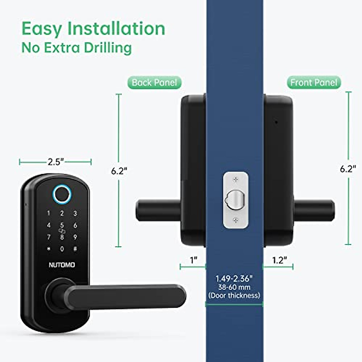 NUTOMO Fingerprint Door Handle Lock - Keyless Entry Door Lock - Digital Electronic Keypad Front Door Lock with Handle - User Passcode Auto Lock IC Cards - Smart Lock for Home Hotel Office Room - Black
