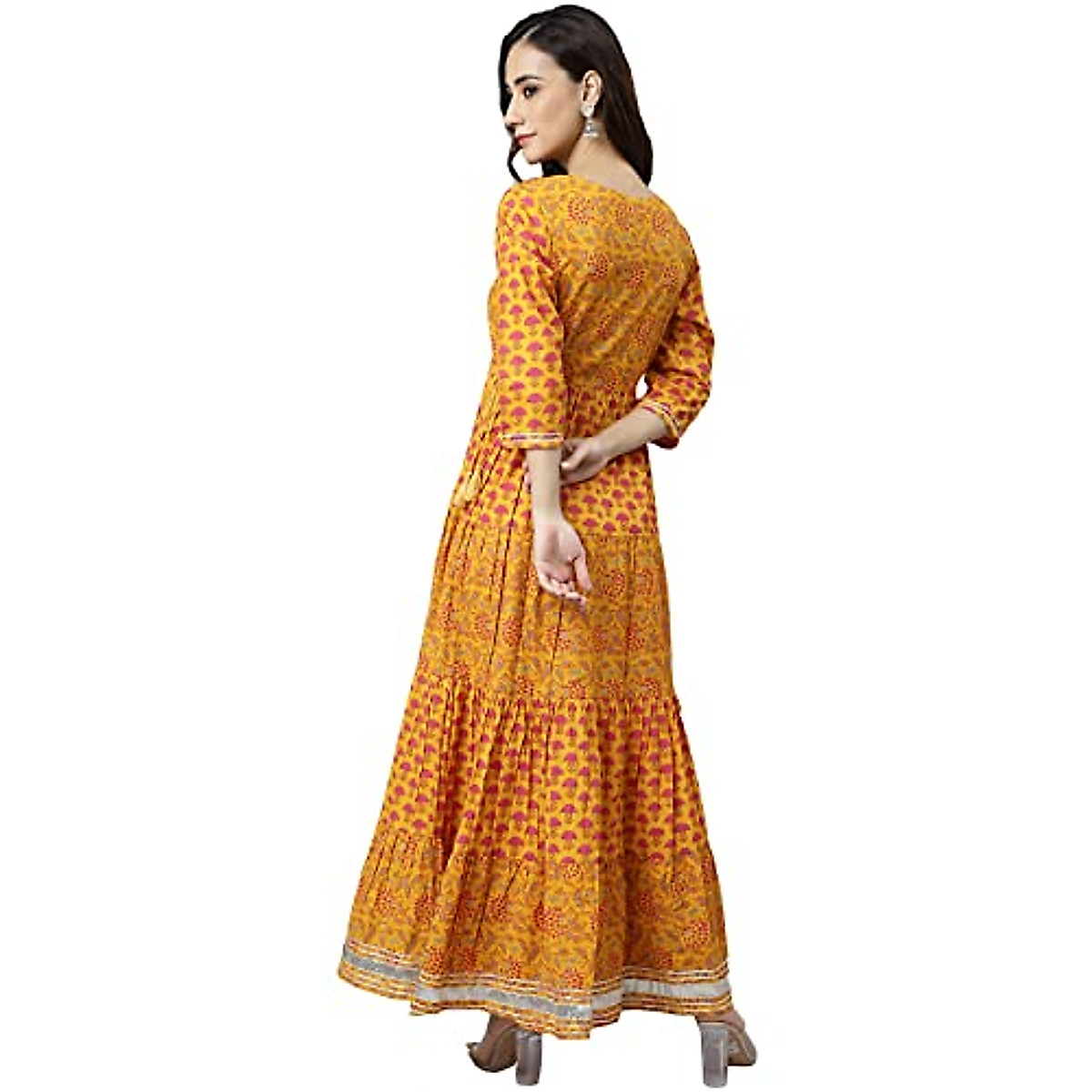 Janasya Women's Mustard Cotton Floral Print Flared Kurta(JNE3971-KR-XL)