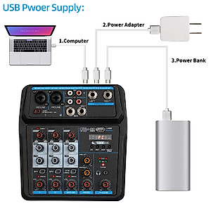 Depusheng U4 Portable Mini Mixer 4 Channel Audio DJ Console with Sound Card, USB, 48V Phantom Power for PC Recording Singing Webcast Party