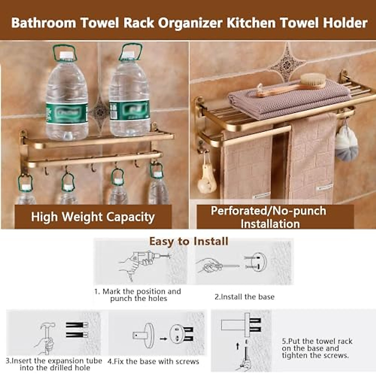 Bathroom Towel Rack Wall Mounted Towel Holder Bar Foldable Towel Shelf with Movable Towel Hooks Rustproof Aluminium Bath Kitchen Towel Holder Brushed Bronze Finish Towel Hanger Hardware Accessories (