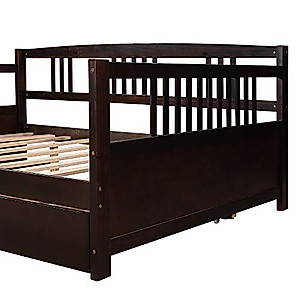 ERDAYE Full Size Daybed Wood Bed with Twin Size Trundle Bed, Espresso