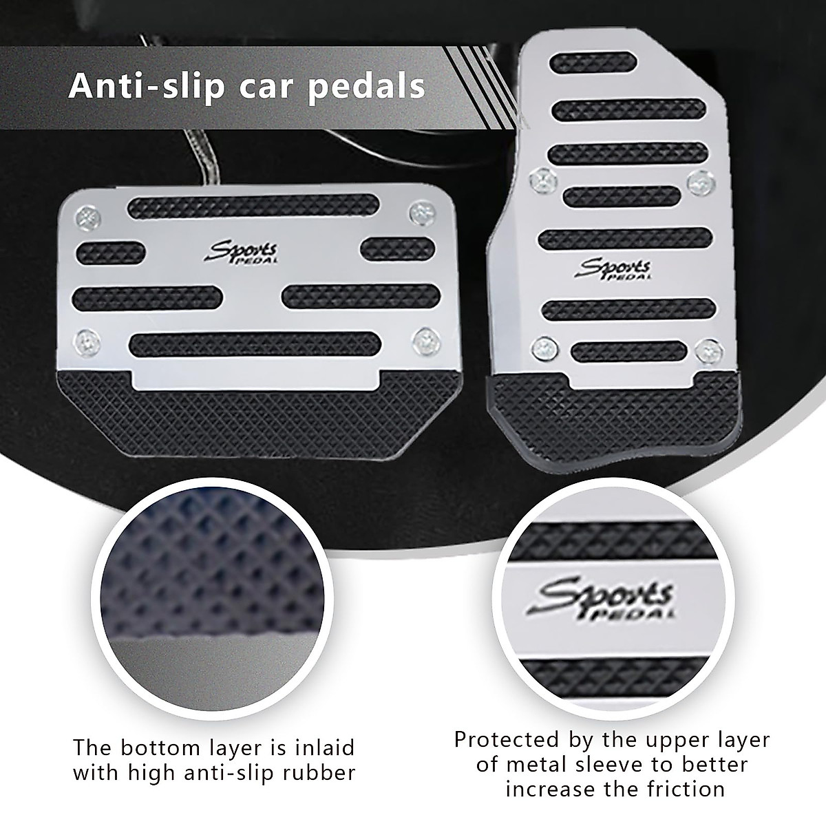 GKmow 2 PCS Car Accelerator Brake Pedal Kit, Non-Slip Wear-Resistant Metal Rubber Pedal, No Need Punch Sporty Style Pedal Replacement Parts, Uiversal for Most Automatic Car Accessories (Silver)