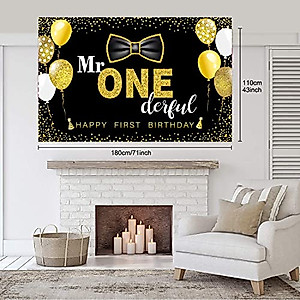 Mr. Onederful Birthday Party Decorations for Boys Happy 1st Birthday Banner Backdrop Large First Birthday Cake Table Decor Mr One Party Favor Supplies (Black and Gold)