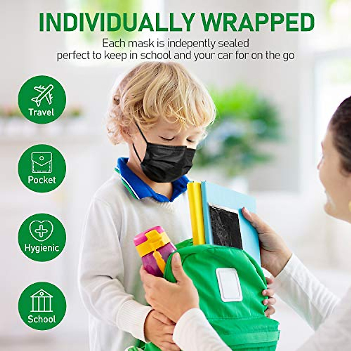 TomrickCare Black Kids Disposable Face Mask 50 PCS,Individually Wrapped