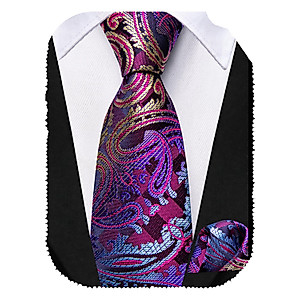 Hi-Tie Silk Boys Tie 8-14 Self-Tied Ties for Boy Paisley Solid Kid Necktie and Pocket Square Set for Wedding,Purple