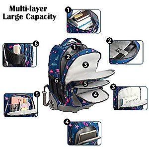 WEISHENGDA 18 inches Wheeled Rolling Backpack Multi-Compartment College Books Laptop Bag, Flamingos.
