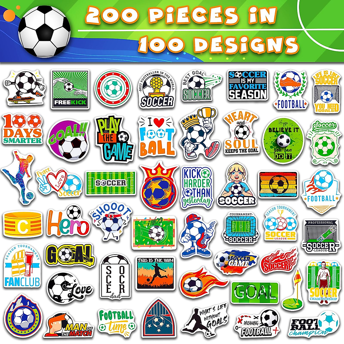 WAKEMOODEI Soccer Stickers 200PCS Soccer Sports Stickers for Boys, Waterproof Vinyl Stickers for Water Bottles, Kids Stickers Soccer Party Favors Soccer Gifts Stickers for Kids Teens Soccer Lovers