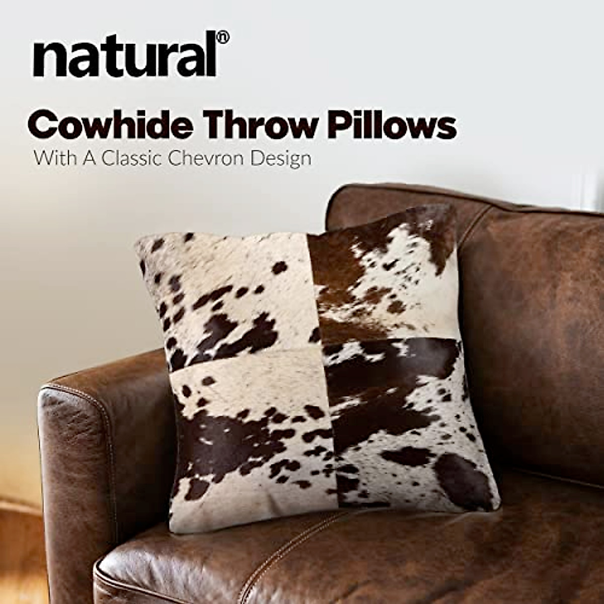 Set of 2, Natural Torino Cowhide Throw Pillows with Poly Insert | Kobe Accent Pillows Handcrafted from 100% Cow Hide, S&P Choco & White, 12 in x 20 in