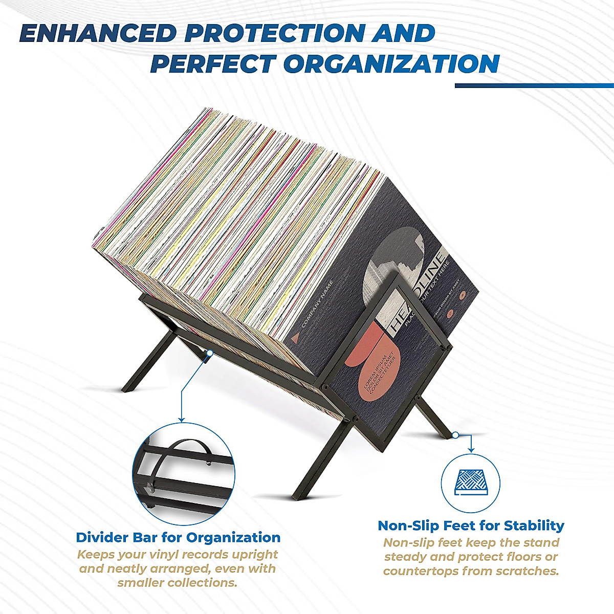 2BHOME Vinyl Record Storage Holder, Holds up to 90 -110 LPs, Metal Vinyl Record Organizer Stand, Simple/Functional/Easy Assembly, Classical Design for Files/Book/Magazine Record Rack (Black)