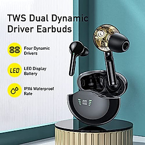 KENKUO Wireless Earbuds with LED Digital Display Charging Case, Dual Dynamic Drivers Wireless Earphones with 40Hours Playtime for Android iOS Cell Phone Computer Laptop, Black