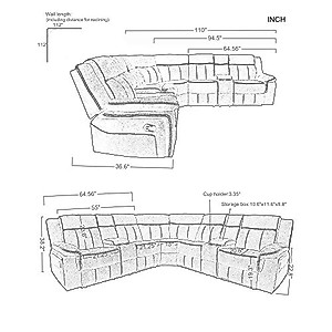 K·1 Classic and Traditional Fabric Manual Reclining Corner Sectional Sofa w/Cup Holder Living Room, Grey Fabric