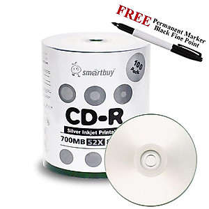 Smartbuy 100-disc 700mb/80min 52x CD-R Silver Inkjet Hub Printable Blank Media Disc + Black Permanent Marker