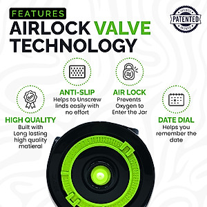 Wide Mouth Mason Jar Lids for Curing, Harvesting, Fermenting, Canning. Vacuum Sealed Patented Tech that Includes 4 Lids with Extraction Pump By Burp Lids