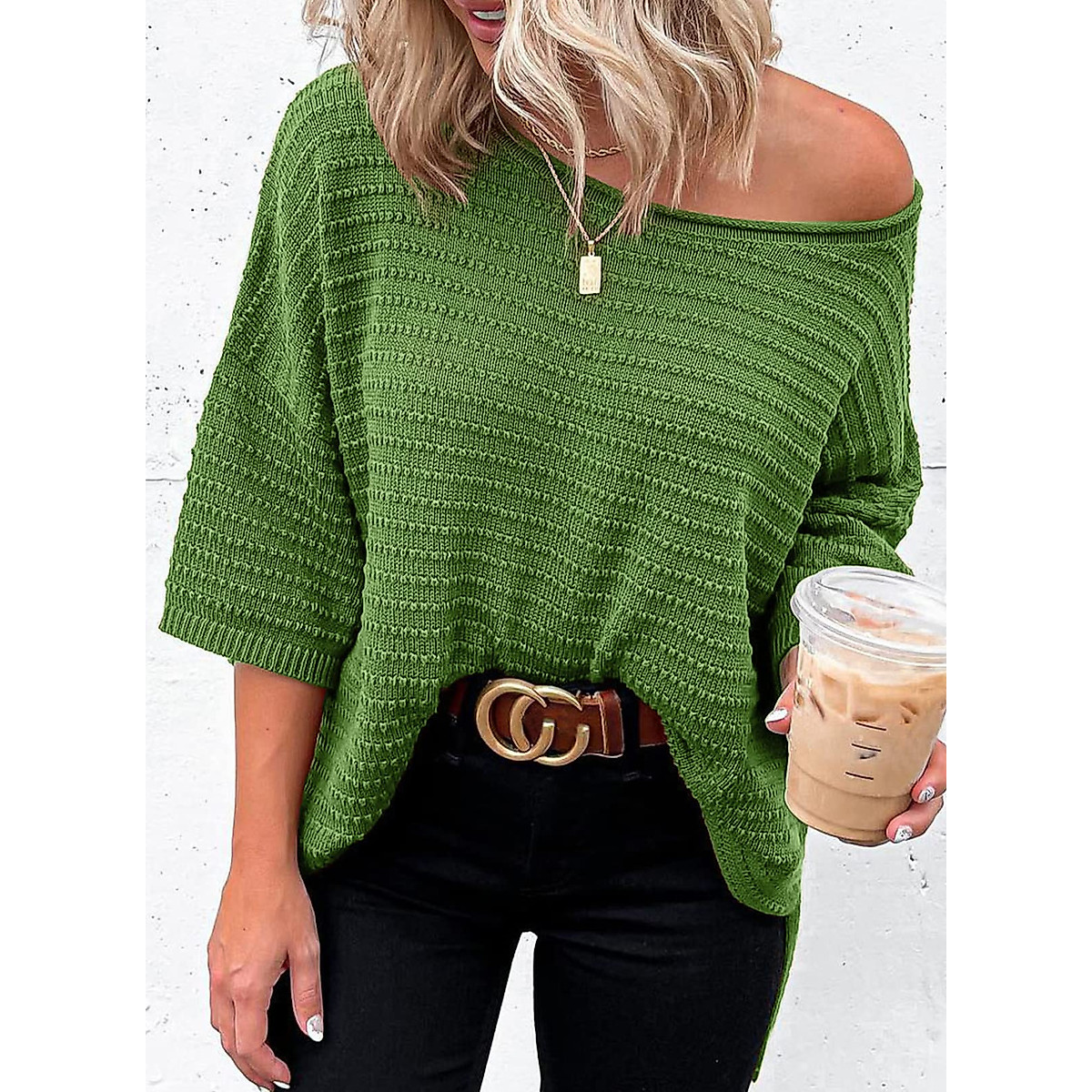 Dokotoo Womens Fashion Juniors Fall Summer Shirts and Blouses for Women 2024 Pullover Sweaters T-Shirts Off Shoulder 3/4 Sleeve Tunic Tops Loose Tee Shirts Light Green Medium