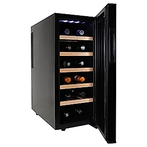Koolatron Deluxe 12 Bottle Wine Cooler with Beech Wood Racks, Black, Thermoelectric Wine Fridge, 1 cu. ft. Freestanding Wine Refrigerator, Red, White and Sparkling Wine Storage for Kitchen or Home Bar