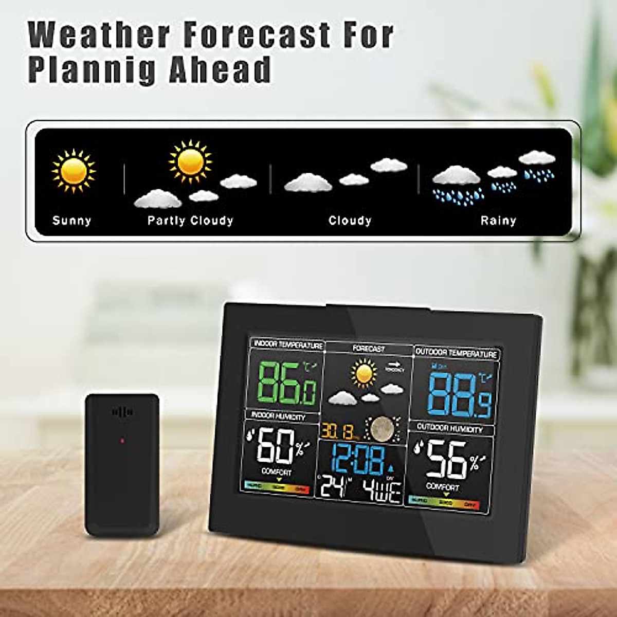Geevon Weather Station Wireless Indoor Outdoor Thermometer, Color Large Display Weather Thermometer with Alert, Comfort Level, Barometric Pressure, Alarm Clock, Easy to Set and Tabletop Stand