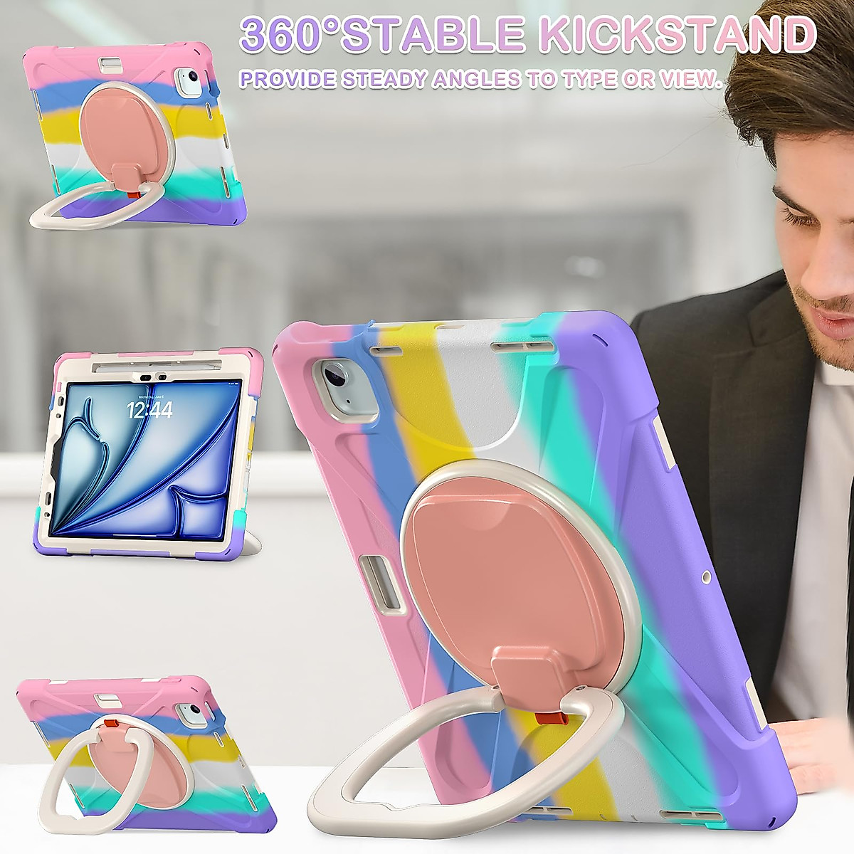 BATYUE for iPad Air 6th Generation 11-inch (M2) 2024 Case, iPad Air 5th/4th Gen 10.9" Case 2022/2020, iPad Pro 11" 4th/3rd/2nd/1st Case, with Pencil Holder+Kickstand+Shoulder Strap (Colourful Pink)