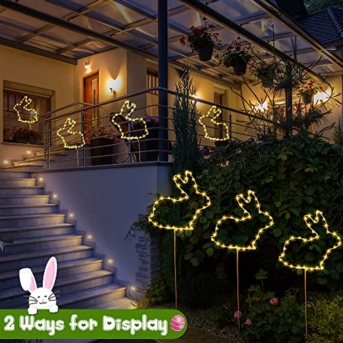 Easter Bunny Landscape Garden Pathway Window Light up Decor, 105 LEDs 3 Pack Metal Yard Sidewalk Lights, Holiday Rabbit Lamp Outdoor with Plug in Ground Stake for Patio, Yard, Lawn, Walkway Decoration