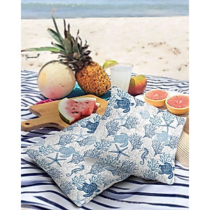 Sea Turtle Outdoor Waterproof Pillow Covers,Nautical Blue Coral Decorative Throw Pillow Covers,Starfish Shell Seahorse Cushion Case for Patio Tent Bed Sofa Living Room Marine Life on White Pillowcase