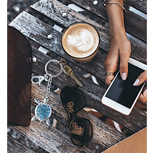 Aqua79 Blue Sea Turtle Keychain - Silver 3D Sparkling Charm Rhinestones Fashionable Stylish Metal Alloy Durable Key Ring Bling Crystal Jewelry Accessory with Clasp