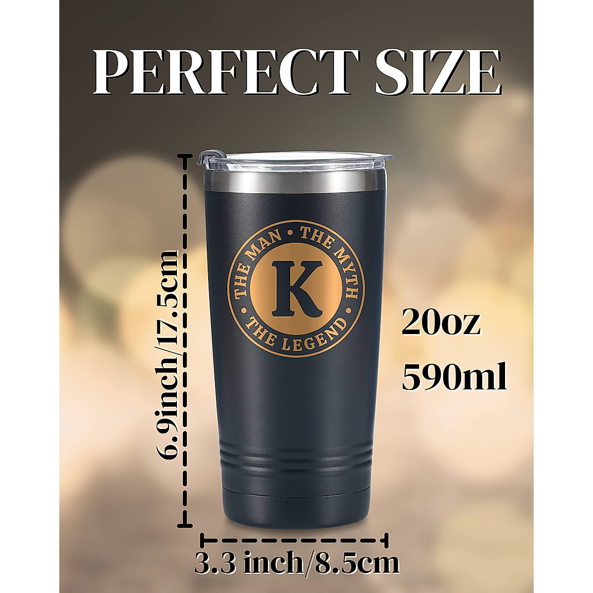 the Man the Myth the Legend Mug with Initials, Monogrammed Stainless Steel Travel Tumbler for Men, Funny Personalized Coffee Cup, Custom Beer Glass, Unique Birthday Christmas Gifts for Him, 20 oz, J