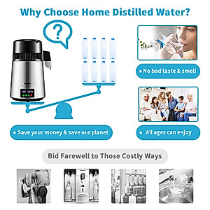 VEVOR Water Distiller 4 L Distilled Water Maker 1.1 Gal Pure Water Distiller with Dual Temperature Display 750W Distilled Water Machine Water Distillers for Home Countertop with Glass Container Gray