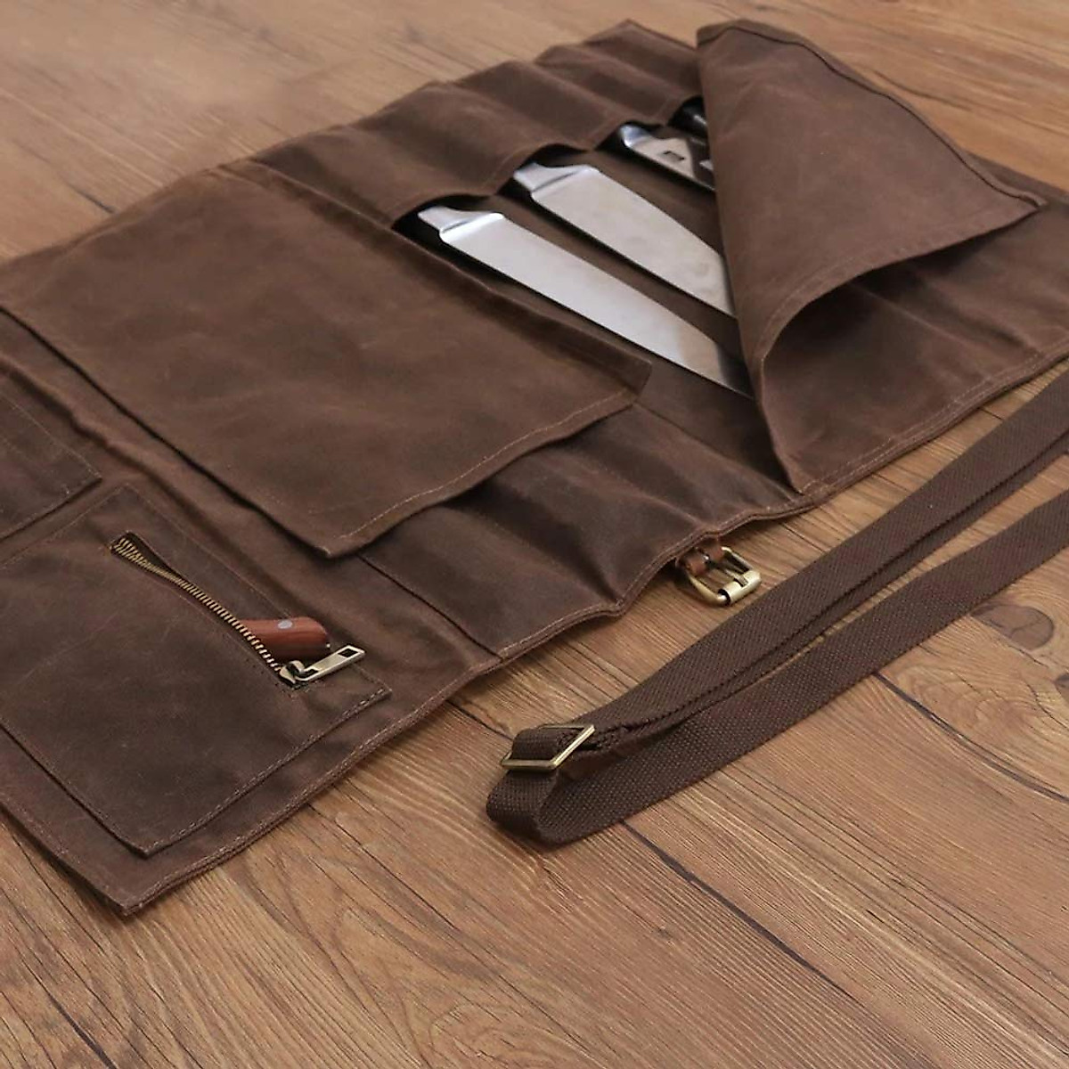 Large Chef’s Knife Roll Bag, Heavy Duty Waxed Canvas Knife Carrier, 11 Pockets Kitchen Cooking Tools Storage Case, Easily Carried By Shoulder Strap ForProfessional Chefs, Culinary School Students