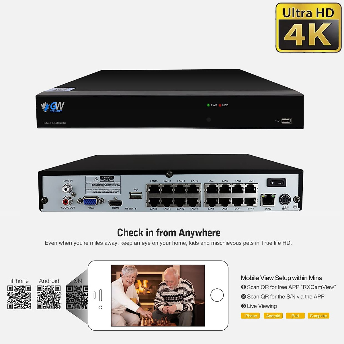 GW Security 8 Channel 8-Megapixel 4K (3840x2160) NVR with (8) UltraHD 4K 8MP 2.8~12mm Varifocal Zoom H.265+ Outdoor/Indoor Waterproof Microphone Audio&Video PoE IP Smart AI Dome Cameras