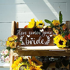 Putuo Decor Wedding Sign, Rustic Wall Art Decorations for Anniversaries, Ceremony and Reception, 10x5 Inches Wall Hanging Plaque - Here Comes Your Bride