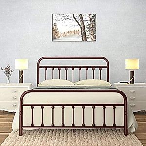 AMBEE21 Vintage Queen Metal Bed Frame with Headboard and Footboard Platform/Wrought Iron/Heavy Duty/Solid Sturdy Metal Slat/Rustic Brown/No Box Spring Needed/Industrial & Farmhouse