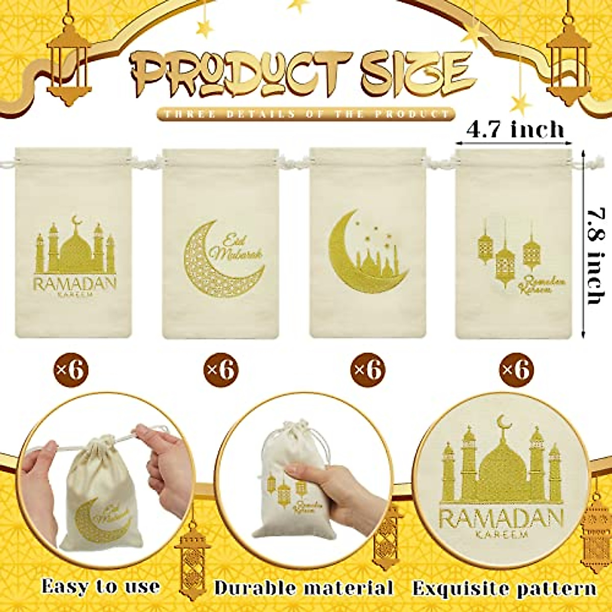 24 Pcs Ramadan Burlap Bags Eid Mubarak Goody Bags Linen Drawstring Gift Bags Islamic Gifts Small Drawstring Pouch Eid Goodie Bags for Muslim Eid Mubarak Party Decorations, 4.7 x 7.8 Inches/ 12 x 20 cm
