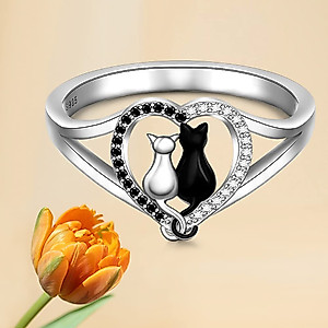 Cat Ring Cat Rings for Women Black Cats Ring Remembrance White Black Cats Couple Sterling Silver Animal Lovers Jewelry Size 8