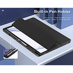 MoKo Case Fits Samsung Galaxy Tab S8 Plus 12.4 Inch 2022 (SM-X800/SM-X806) /S7 FE 2021/S7 Plus 2020, Shockproof Full Body Trifold Stand TPU Back Cover Case with Pen Holder Slot/Auto-Wake, Black