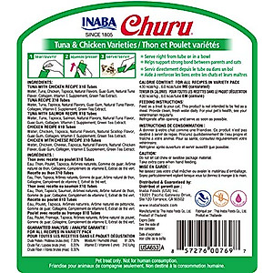 INABA Churu Cat Treats, Grain-Free, Lickable, Squeezable Creamy Purée Cat Treat/Topper with Vitamin E & Taurine, 0.5 Ounces Each Tube, 50 Tubes, Tuna & Chicken Variety