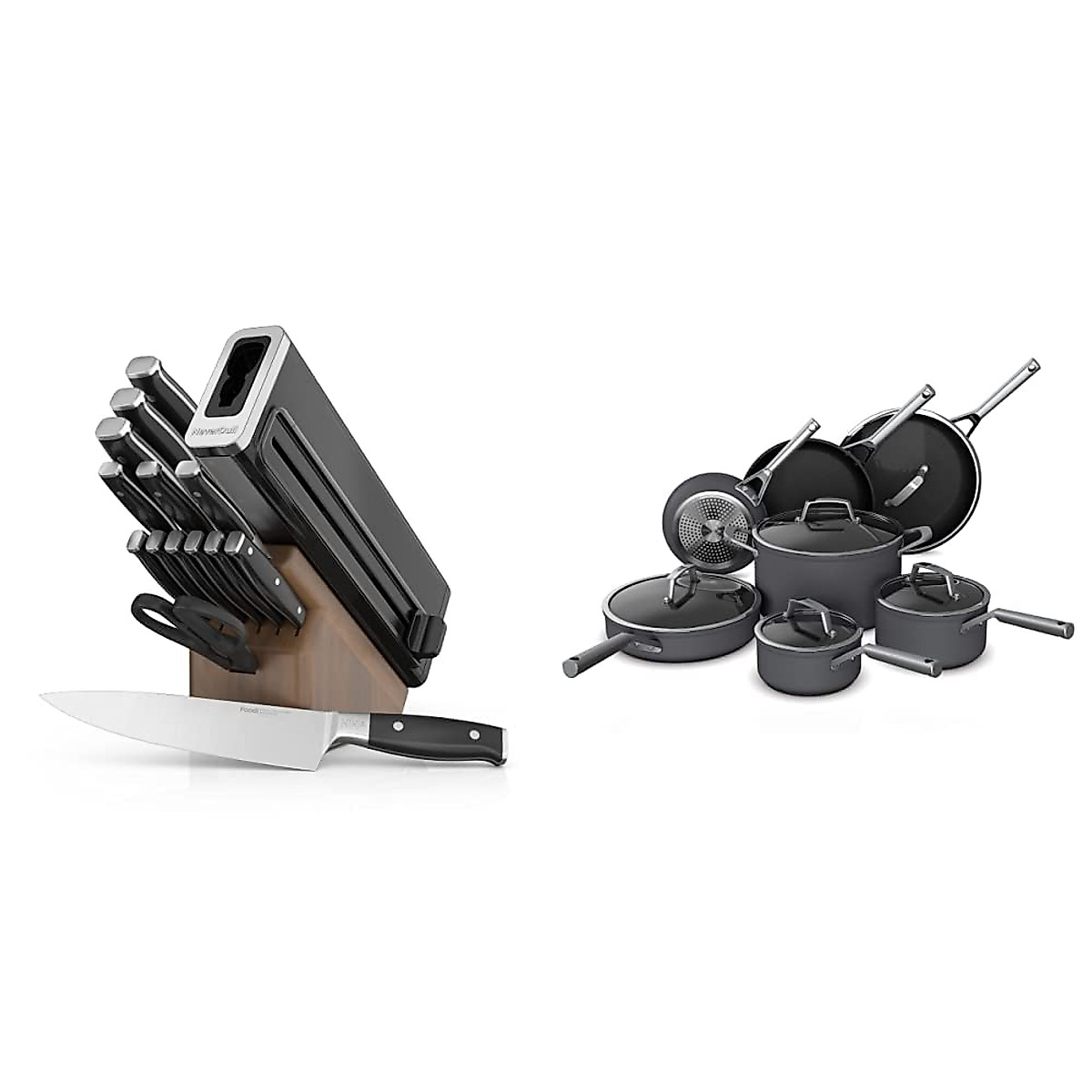 Ninja K52015 Foodi NeverDull 15 Piece Premium Knife System, Wood Series Block + Ninja C39800 Foodi NeverStick Premium 12-Piece Cookware Set