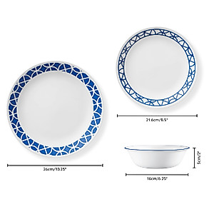Corelle Vitrelle 12-Piece Glass Dinnerware Set Service for 4, 10.25" Dinner Plates, 8.5" Salad Plates, 18-Oz Soup Cereal Bowls, Cobalt Circles
