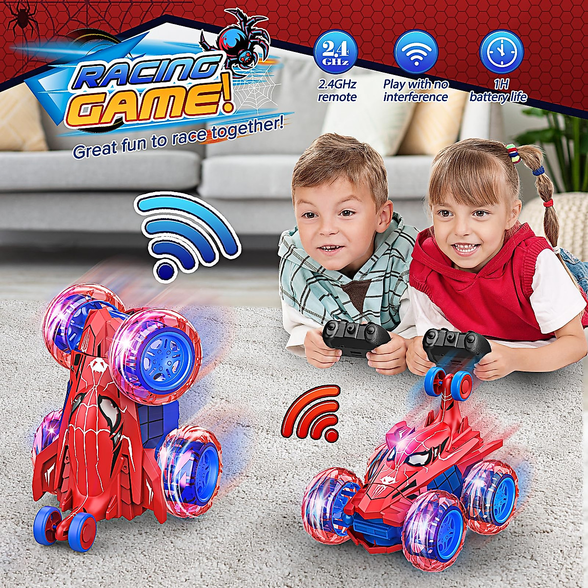 Remote Control Car,360° Rotating 2.4GHz Fast Stunt RC Cars with Wheel Lights Off Road RC Crawlers Toys for Boys 4-6 6-8 8-12 Birthday Easter Gifts
