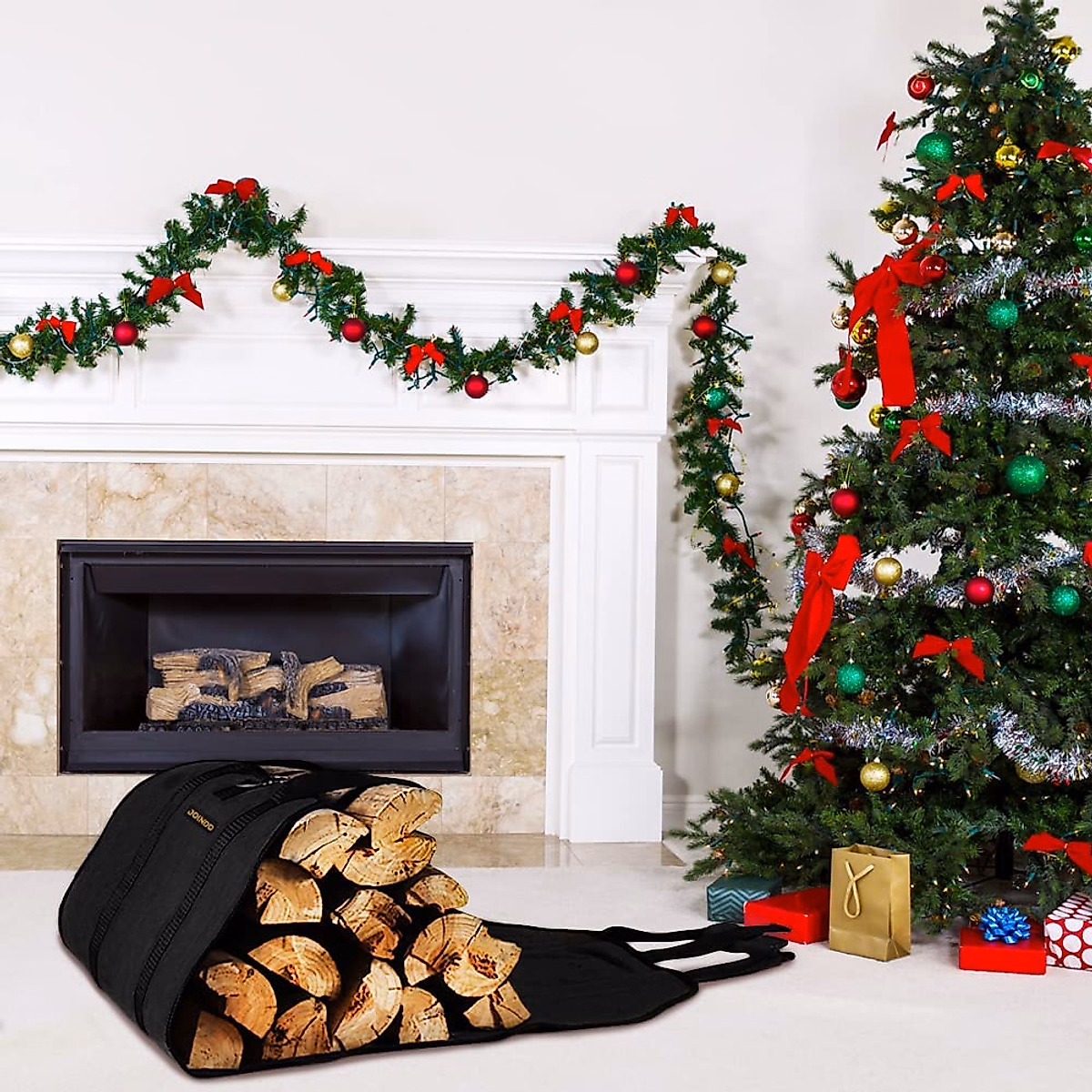 JOINDO Waxed Canvas Firewood Log Carrier, Large Log Tote Bag for Firewood, Heavy Duty Firewood Tote Bag, Water Resistant Wood Carrying Bag With Handles for Outdoor Camping Fireplace,Black