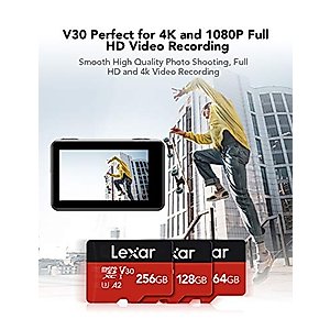 Lexar 256GB Micro SD Card, MicroSDXC Flash Memory Card with Adapter Up to 160MB/s, A2, U3, V30, C10, UHS-I, 4K UHD, Full HD, High Speed TF Card for Phones, Tablets, Drones, Dash Cam, Security Camera