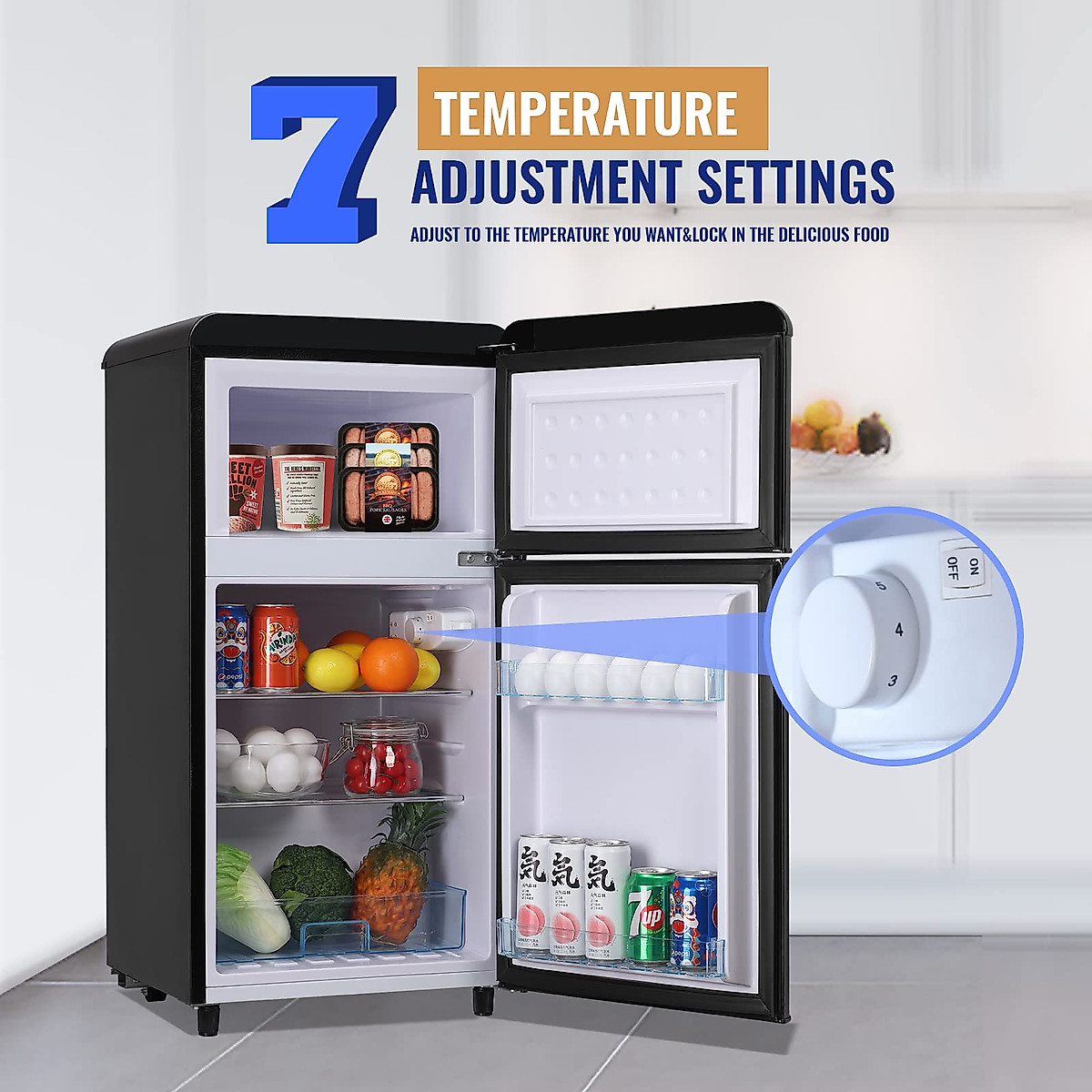WANAI Mini Fridge Dual Door Refrigerator with Freezer, Compact Refrigerator with Adjustable Temperature & Removable Glass Shelves, Fridge for Apartment/Dorm/Office/Kitchen, Energy Saving, BLACK