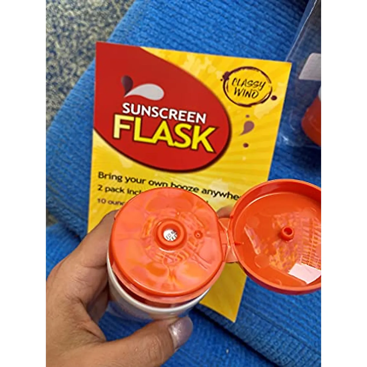 Sunscreen Flask - 10oz Hidden Alcohol Flask Lets You Take Booze Anywhere Includes FREE Funnel and Extra Leak-Proof Safety Seals For Secret Flasks by Classy Wino Always Drink Responsibly - Set of 2